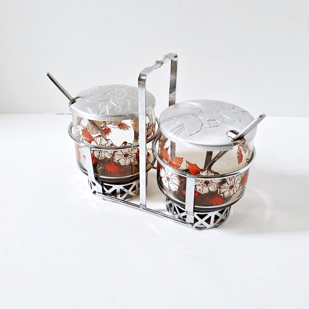 Mid Century Condiment Caddy Set, Libbey Glass With Spoons, Double Jam ...