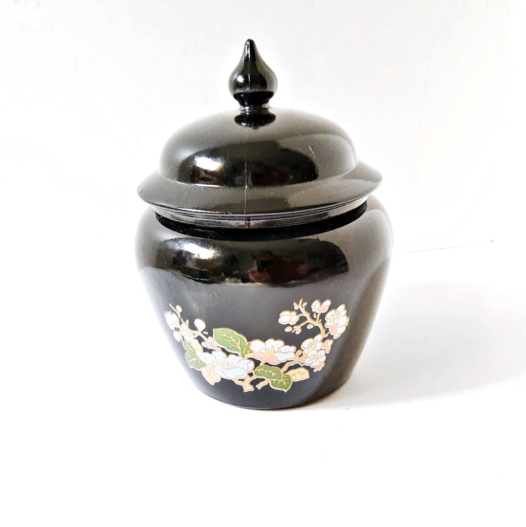 Avon Black Floral Lidded Ginger Jar Trinket Glass Candy Dish, Bathroom ...