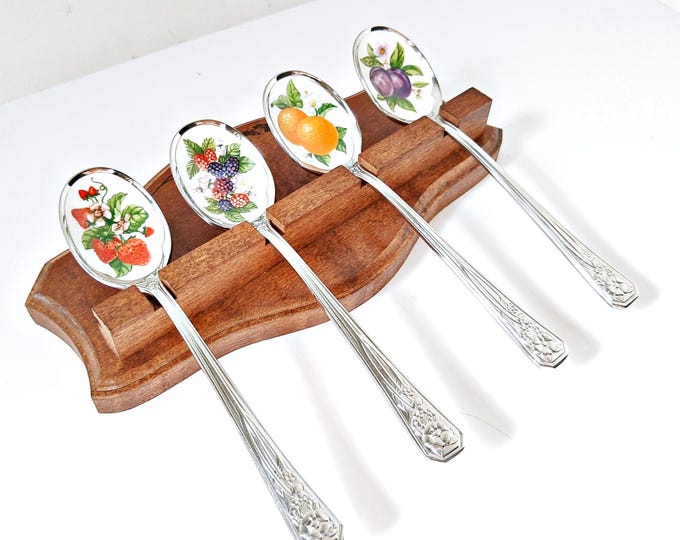 Avon Fruit Spoon Set, Rose Garden Handles Wood Wall Rack, Set of 4 ...