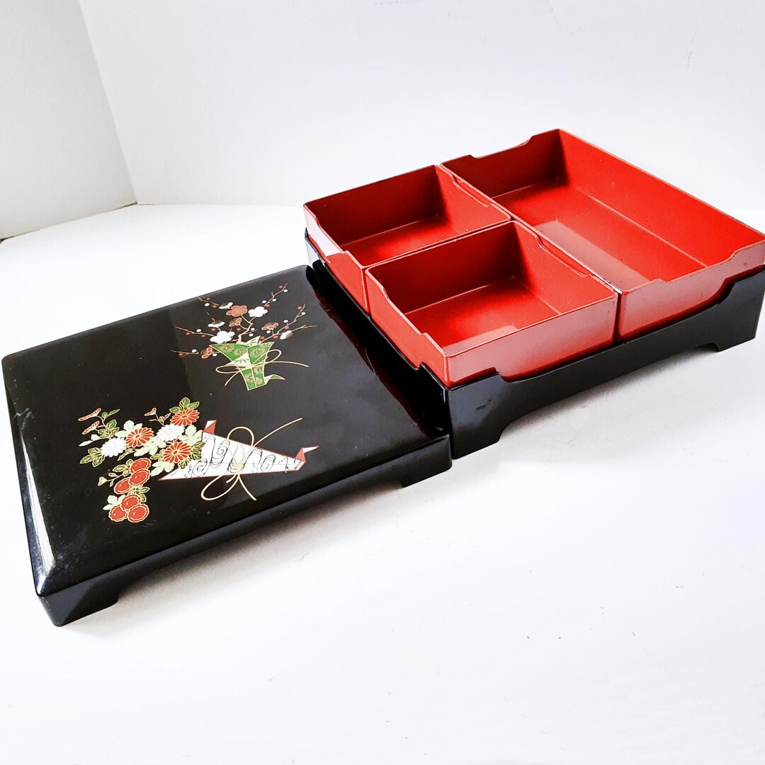 Japanese Lacquerware 4 Piece Bento Box Sushi Serving Bowls, Floral Top ...