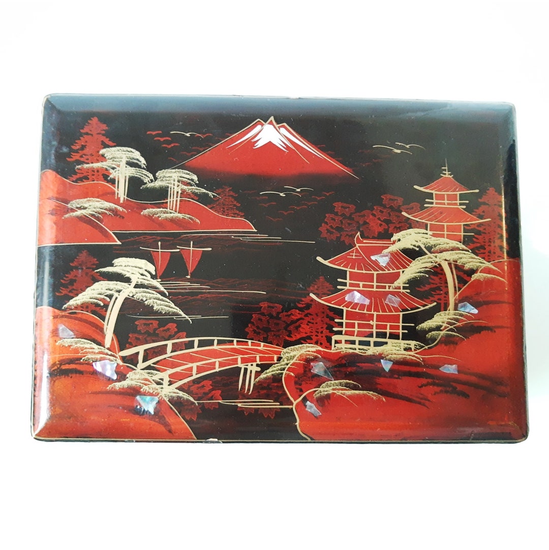 Chinese Red Lacquer Wood Jewelry Box, Mother of Pearl Chips, Red Gold ...
