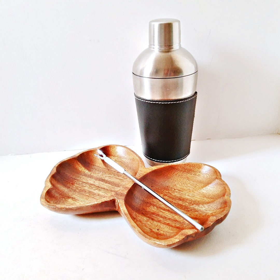 Cocktail Shaker and Monkey Pod Nut Dish, Stainless Steel Faux Leather ...