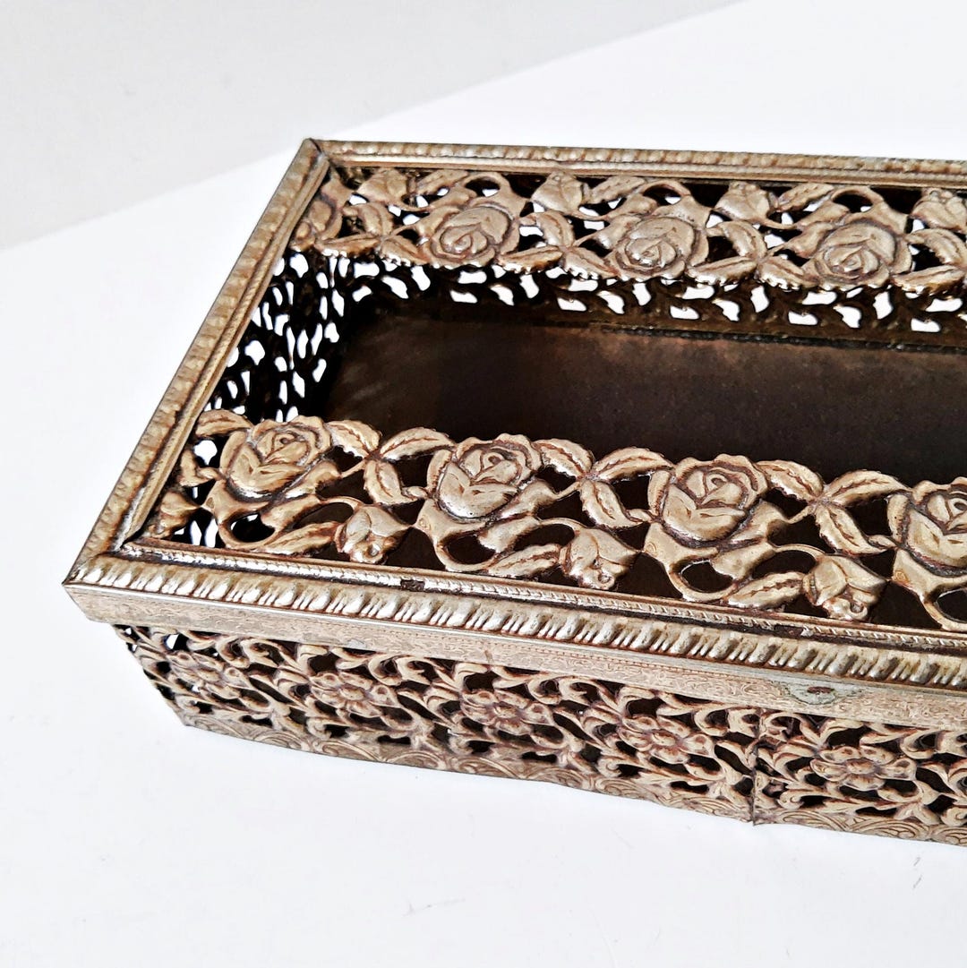 Filigree Tissue Box Holder Gold Metal Kleenex Box Footed Vintage ...