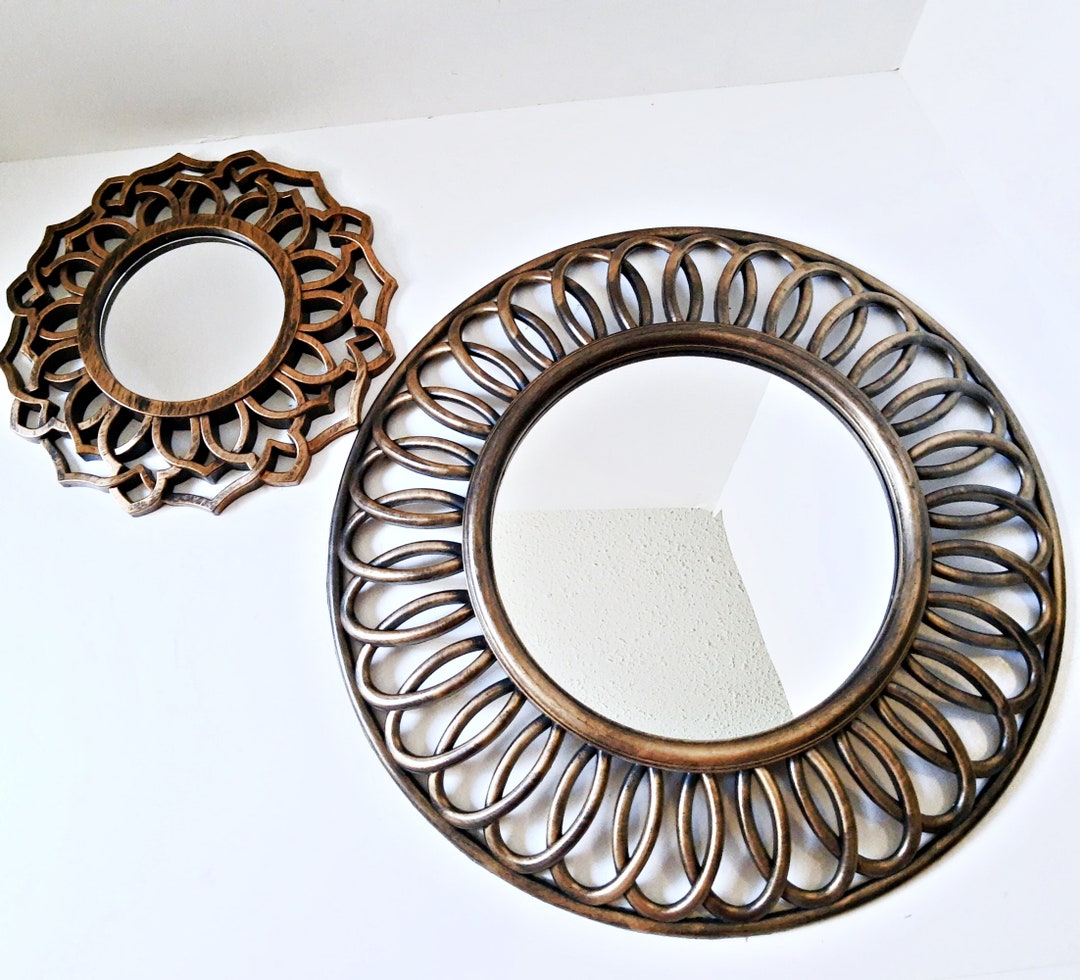 Wall Hanging Mirrors, Two Copper Color Vintage Framed Round Mirrors ...