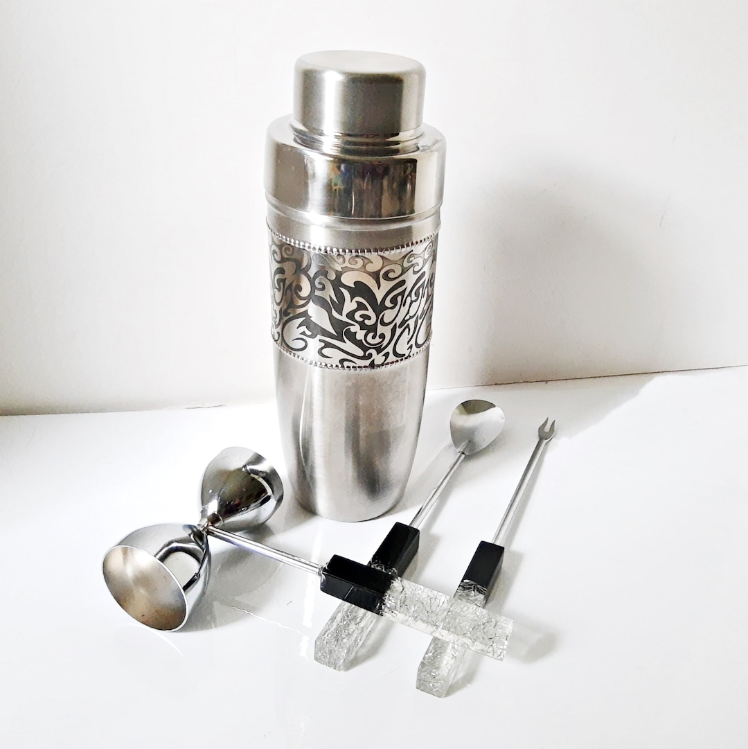 Stainless Steel Shaker and Swank Bar Tools Lucite With Gold Strings ...