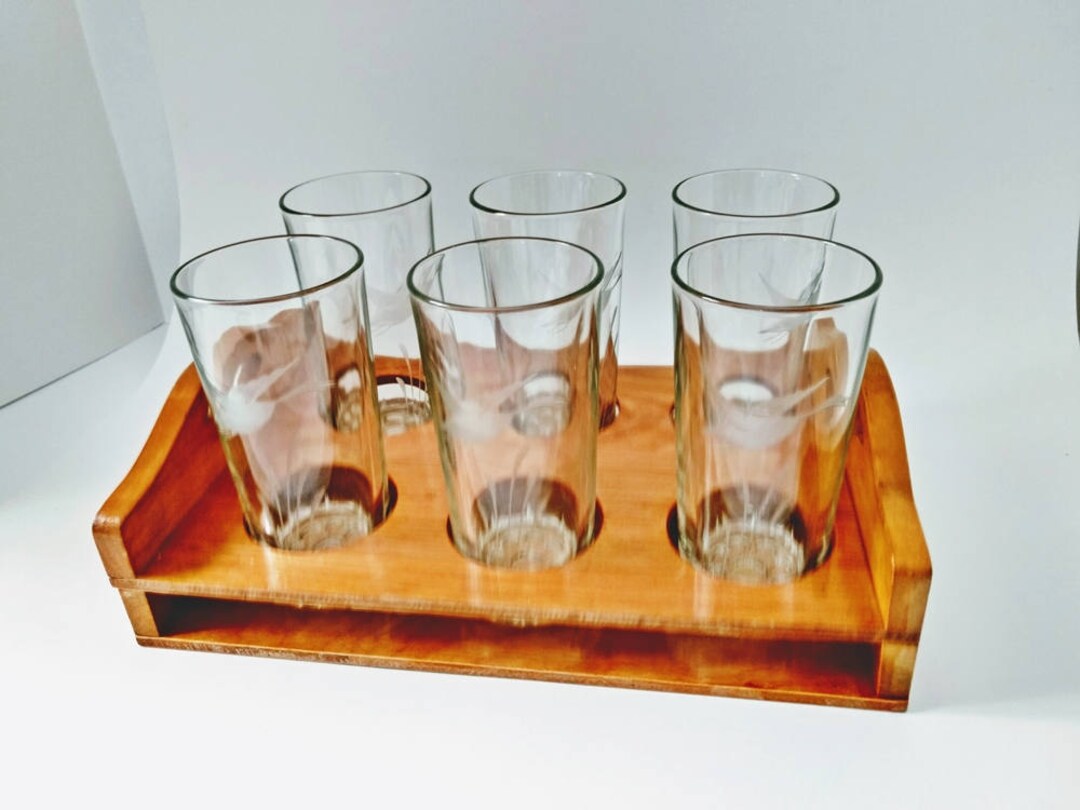 6 Etched Glasses, Wood Caddy Set, Drinking Tumblers, Elegant Bird ...