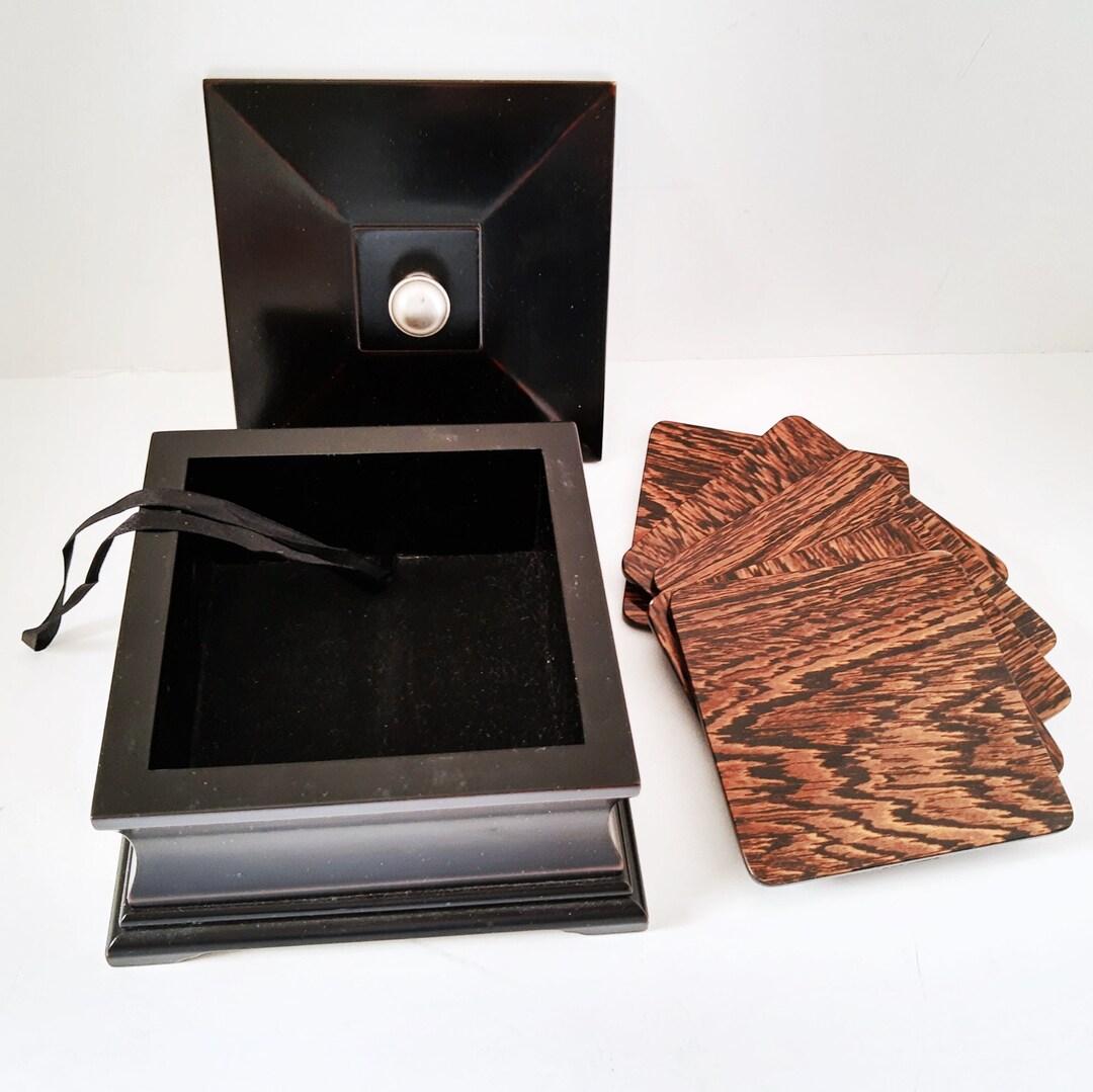 Bombay Company Wood Keepsake Box With Lid, Black Finish With Coasters ...