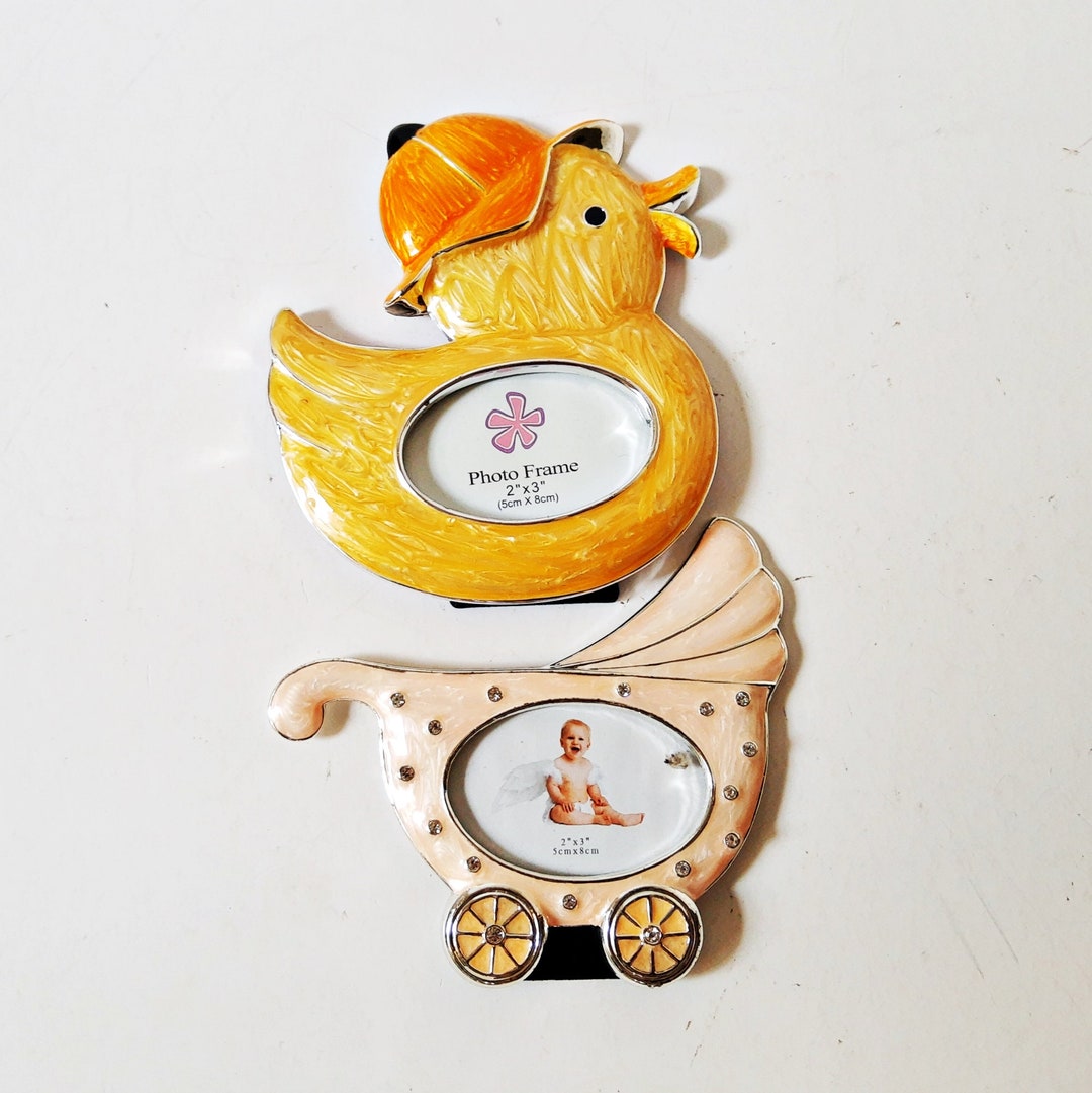 Baby Photo Frames Two Gorgeous Enamel, Peach Baby Pram and Yellow Duck ...