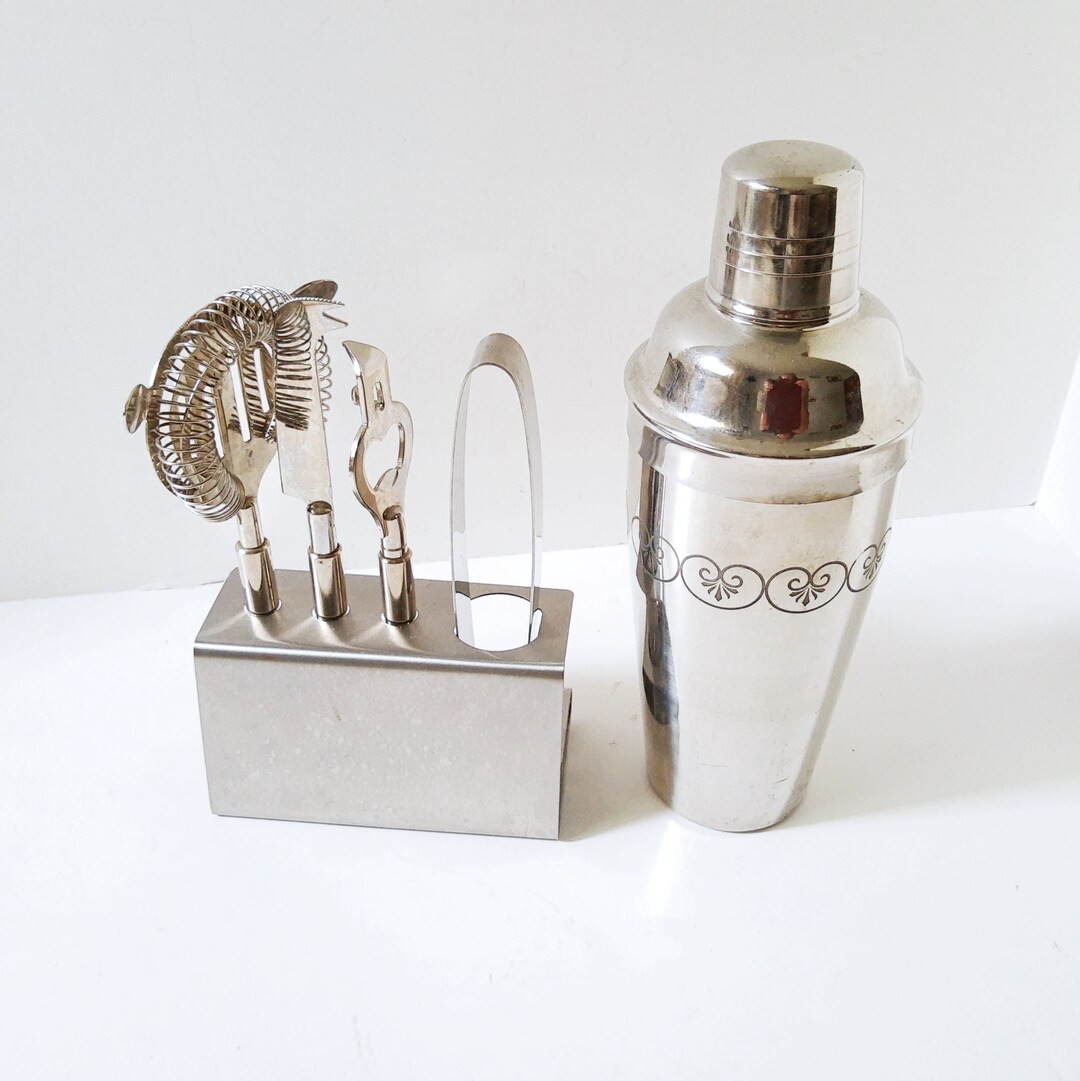 Bar Tools W Stand, Stainless Steel Cocktail Shaker, Strainer, Garnish ...