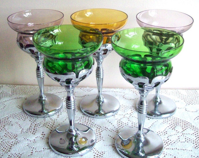 5 Vintage Cordial Wine Glasses Chrome Cambridge Art Deco Etsy