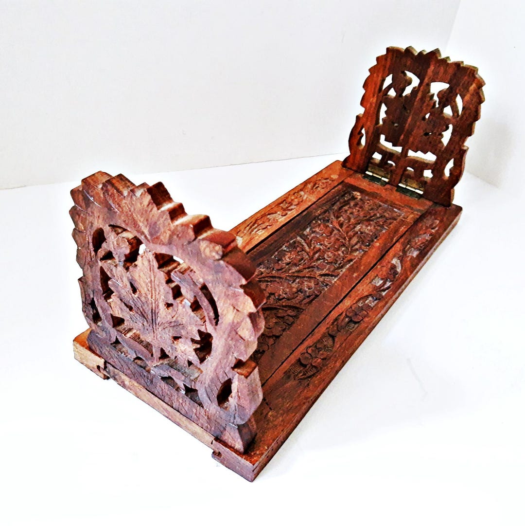 Vintage Hand Carved Sliding Expandable Book Rack, Folding Book Holder ...