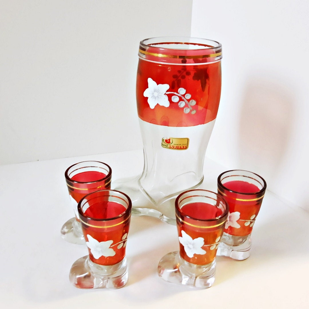 Lubiana Cranberry Red Flash Glass Boot Shaped Decanter, and 4 Cocktail ...