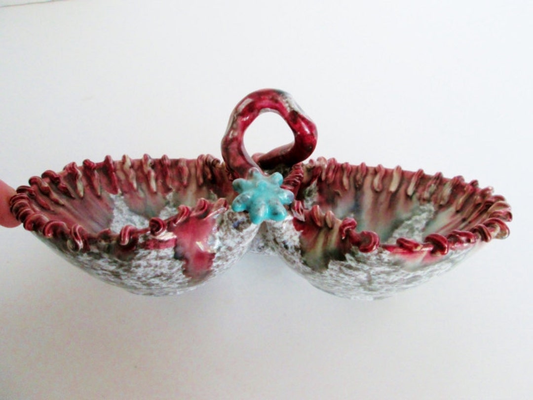 Vintage Divided Relish Dish, Two Section Handled Tray, Maroon Red ...