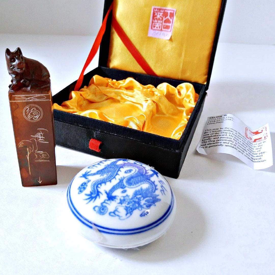 Chinese Carved Dog Chop Seal and Red Paste Ceramic Pot in Original Box ...