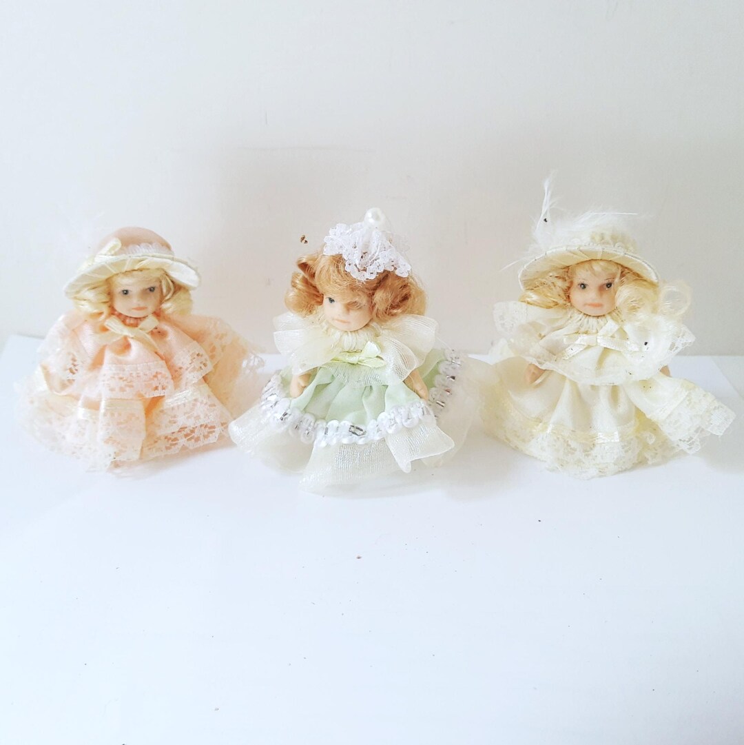 Vintage Small 3 Inch Porcelain Dolls 1980s Moveable Joints, Satin and ...