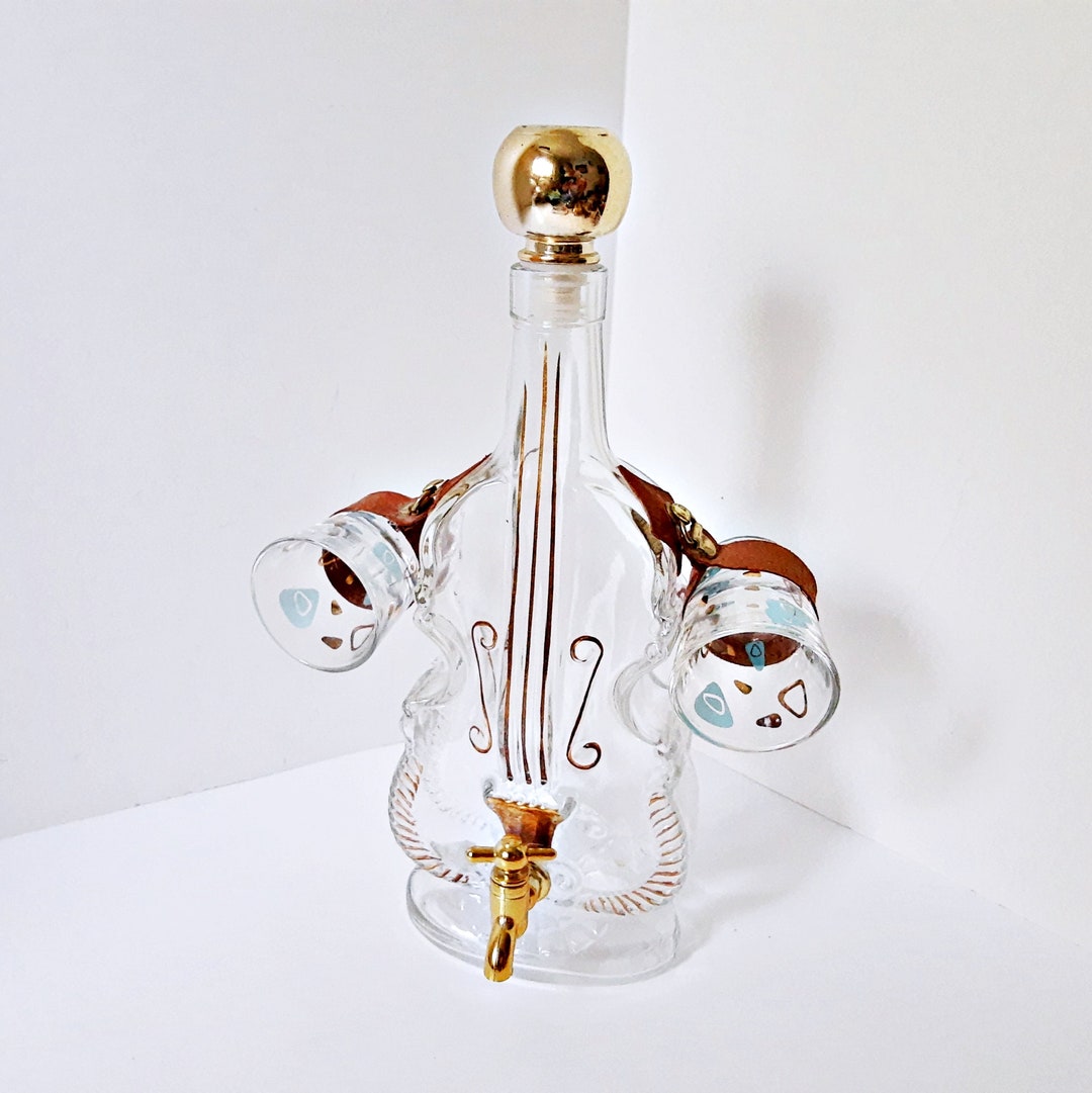 Glass Decanter Violin Cello Shape, Gold Tap, Leather Glass Holder ...