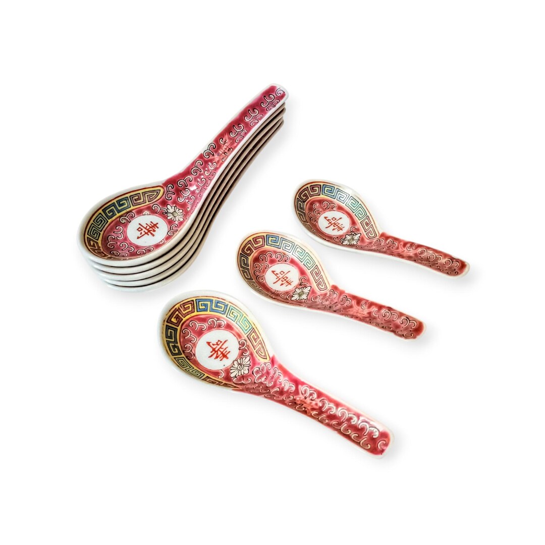 Longevity Famille Rose Mun Shou Pattern Porcelain Soup Spoons, Crafted ...