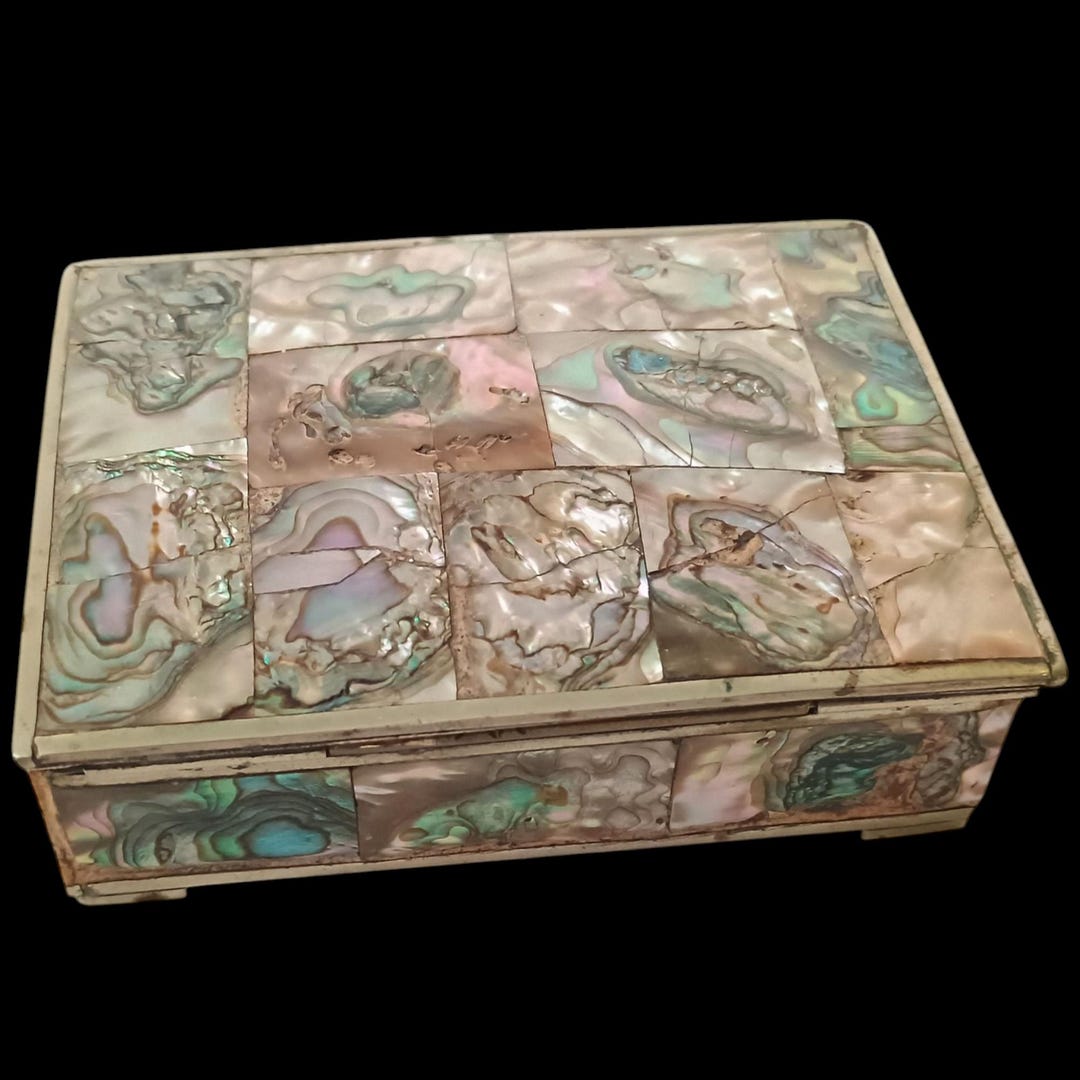 Vintage Trinket Box Inlaid Abalone Tile Lidded Dresser Box, With Wood ...