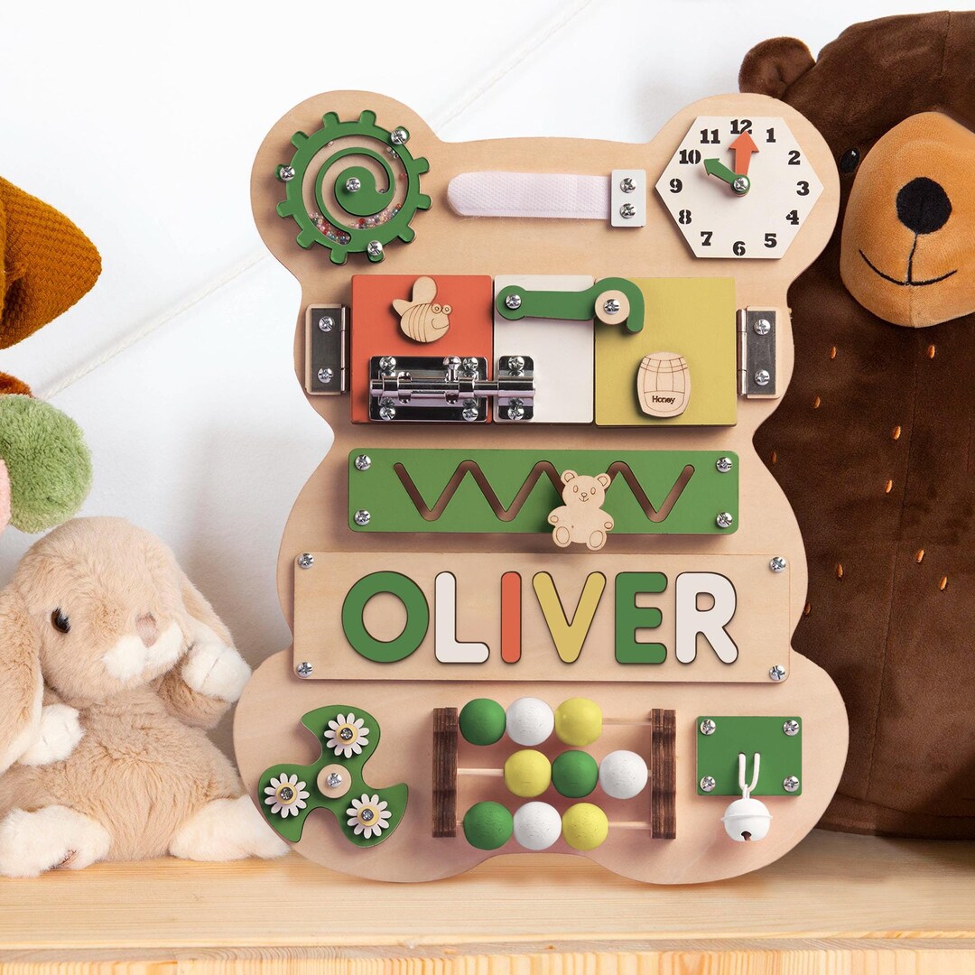 Personalized Bear Busy Board With Baby Name, Custom Bear Sensory Board ...
