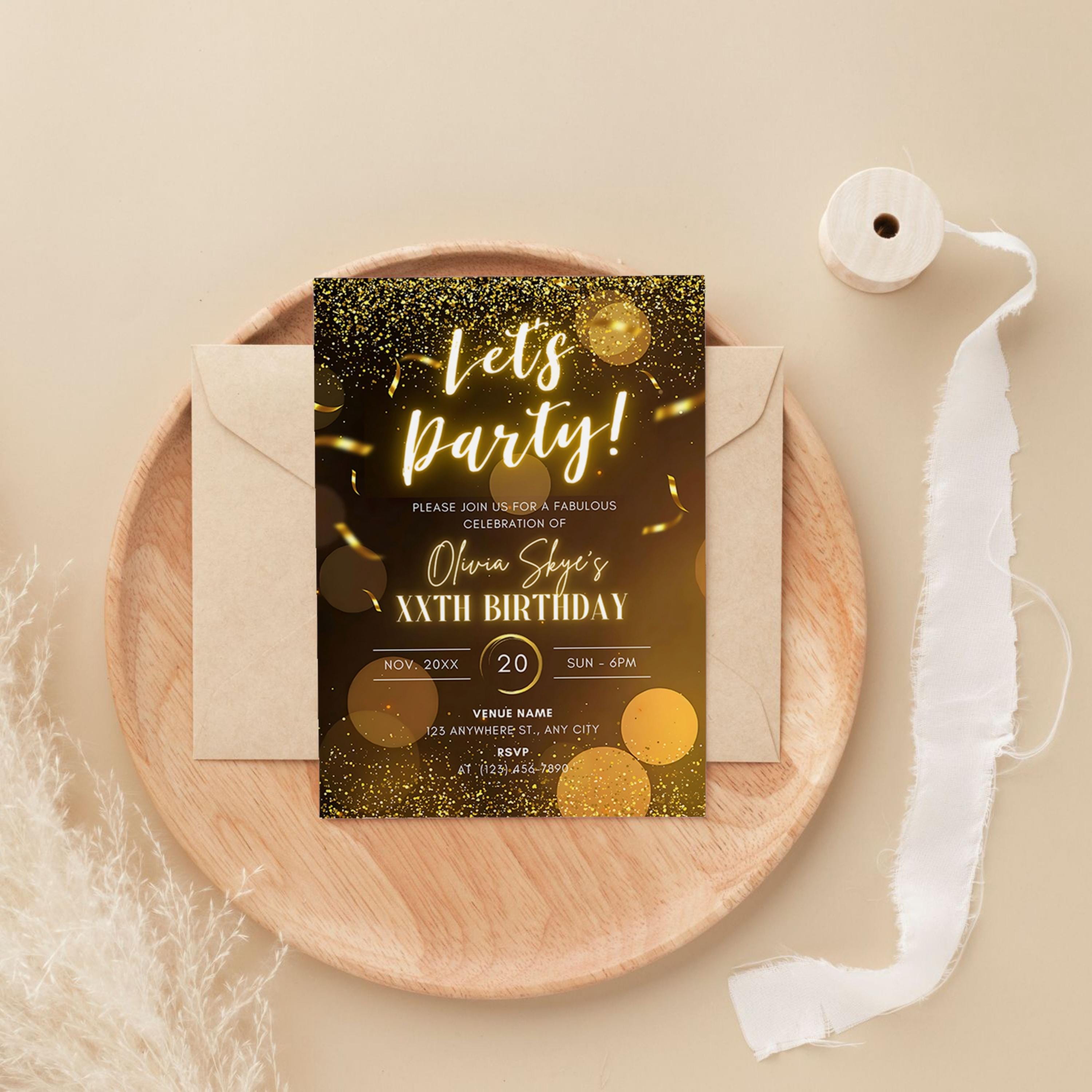 Let's Party Gold Invitation Template, Elegant Neon Black Golden Evite ...