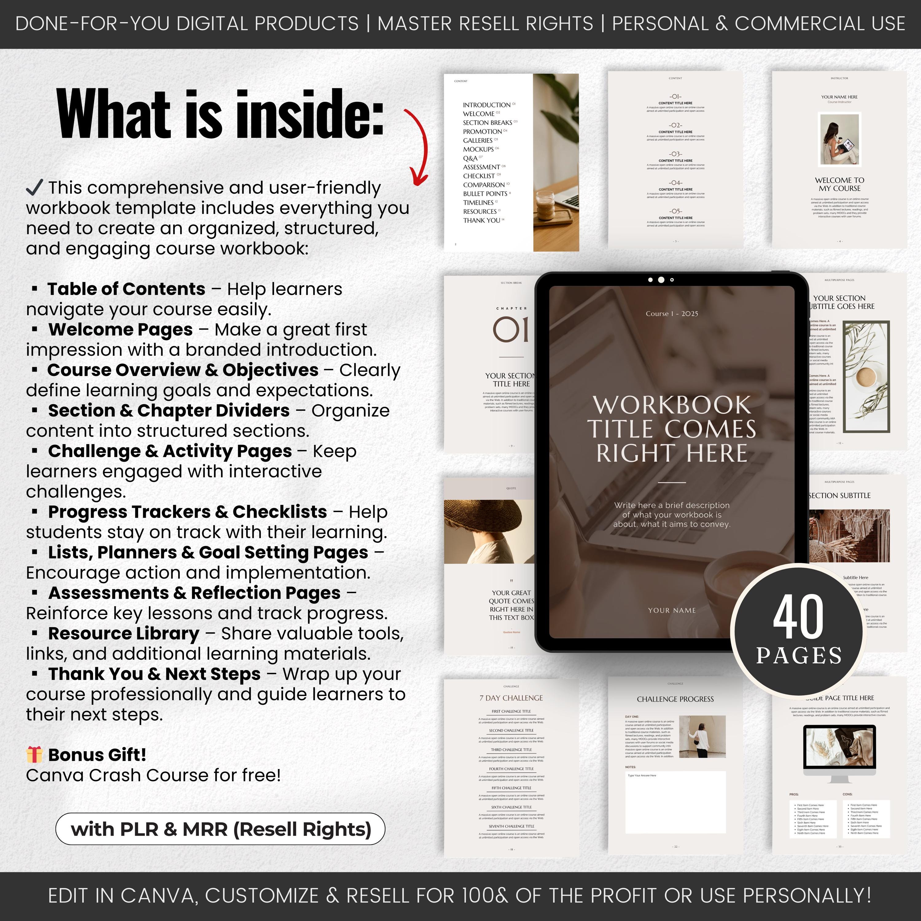 Online Course Workbook Template, Canva PLR MRR Template | Course ...