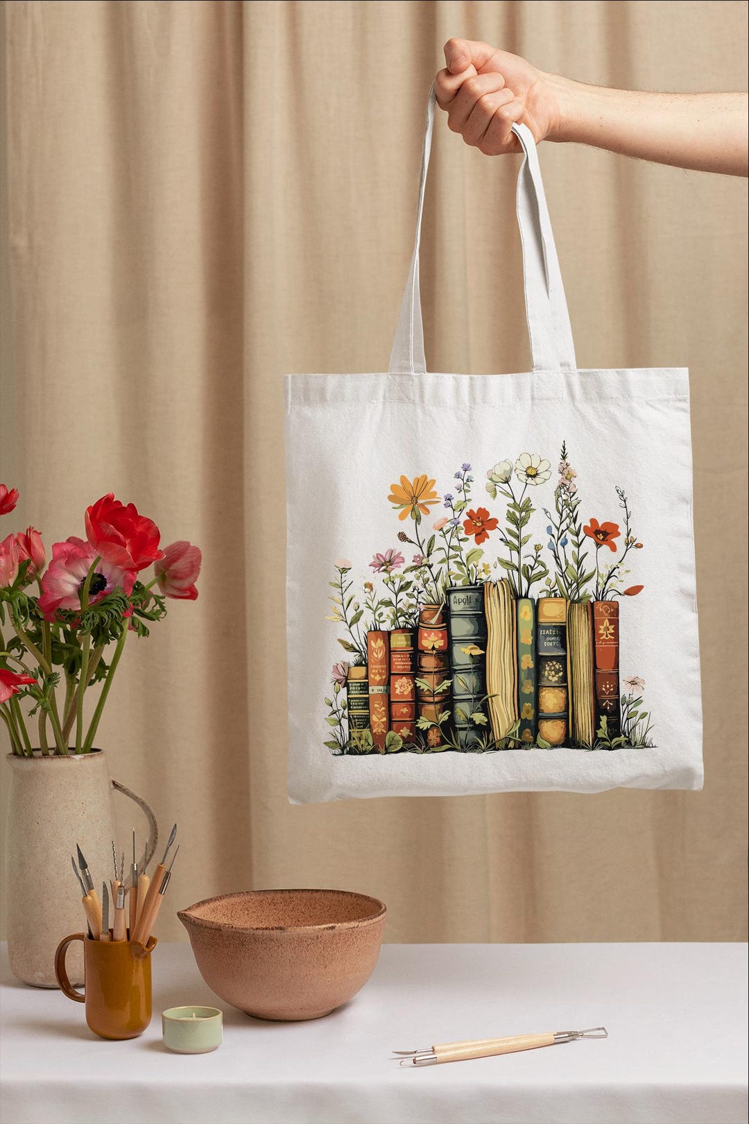 Floral Book Tote Bag, Book Lovers, Cottagecore Botanical Library Design ...