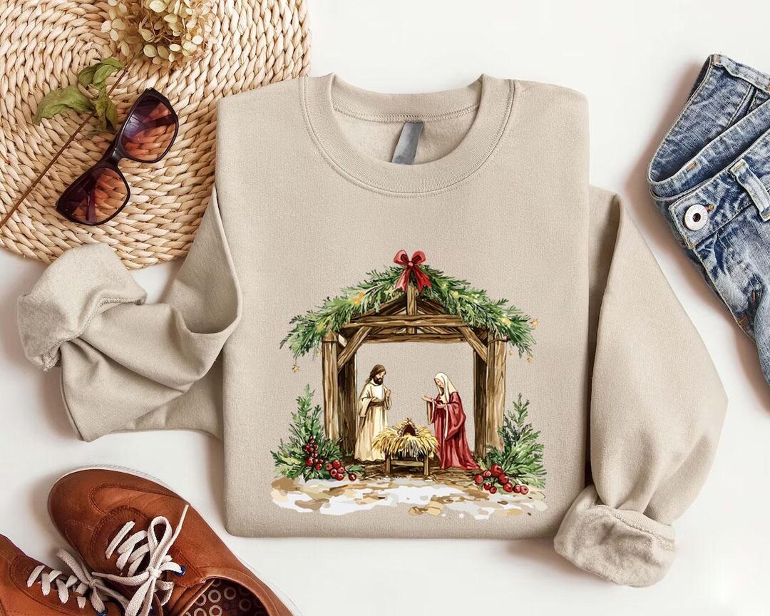 Detailed Nativity Scene Christmas Sweatshirt, Religious Holiday ...