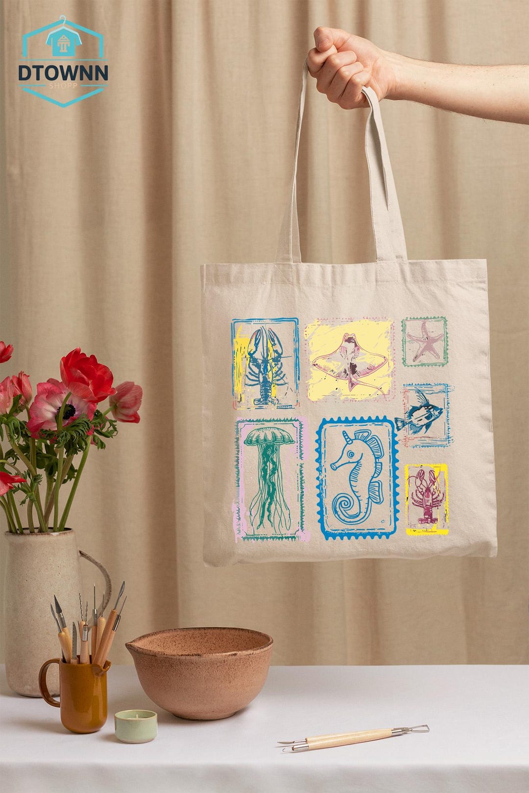 Under the Sea Tote Bag, Marine Life Canvas Bag, Reusable Beach Shoulder ...