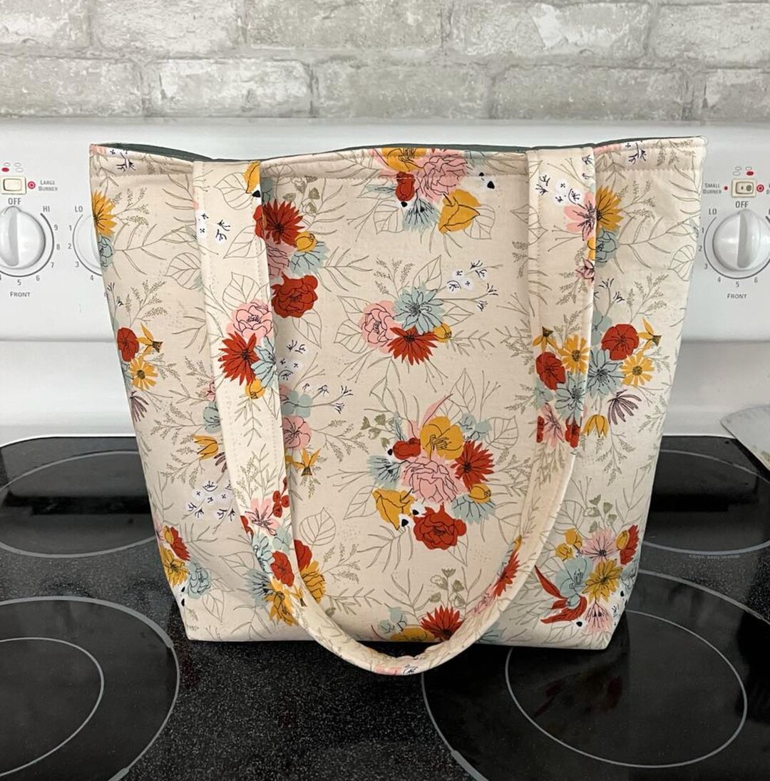 Floral Cotton Tote Bag, Handmade Tote Bag, Book Bag, Market Bag, Casual ...