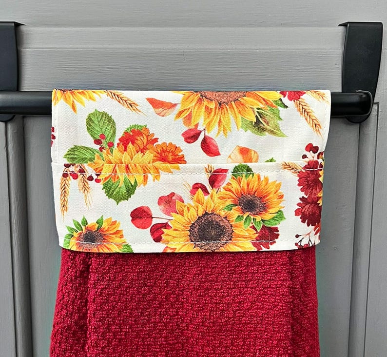 Sun Kissed Sunflowers, Red Cotton Kitchen Towel, Hanging Towel, Oven ...