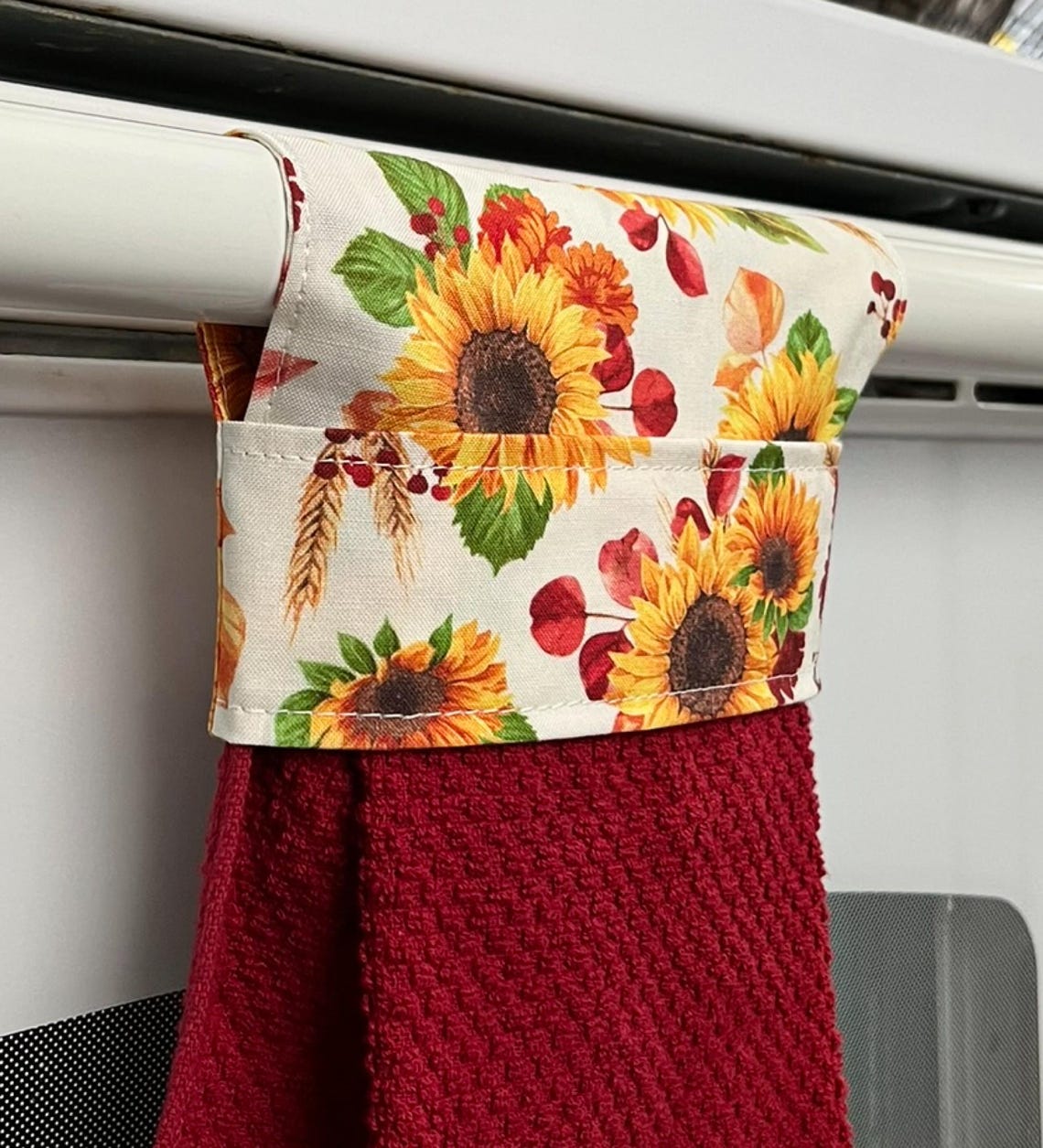 Sun Kissed Sunflowers, Red Cotton Kitchen Towel, Hanging Towel, Oven ...