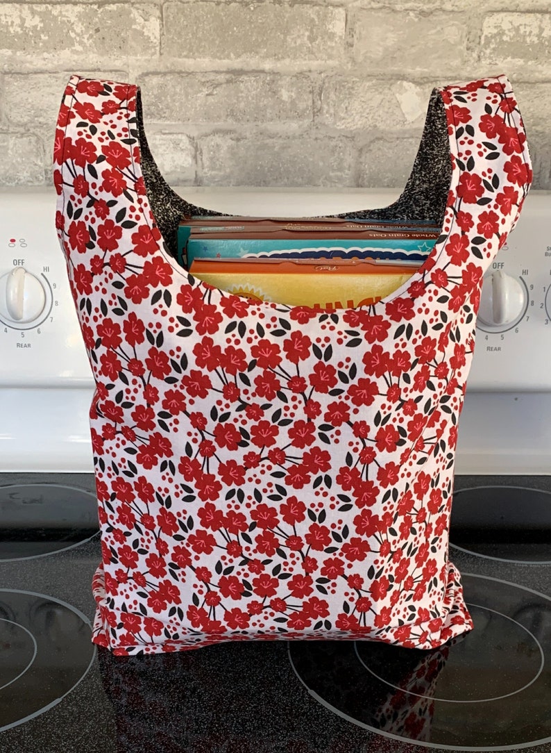 Red Floral Black White Wash Reusable Grocery Bag Reversible - Etsy