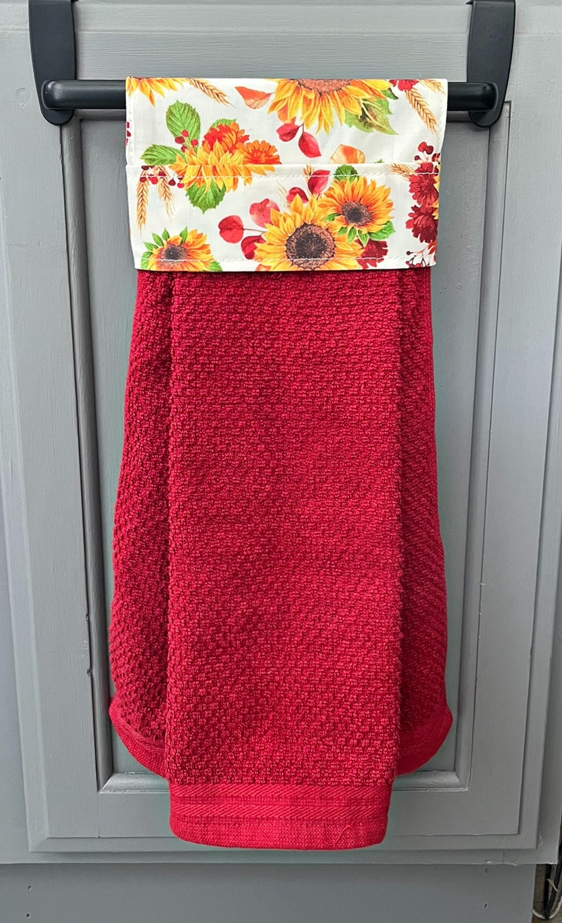 Sun Kissed Sunflowers, Red Cotton Kitchen Towel, Hanging Towel, Oven ...