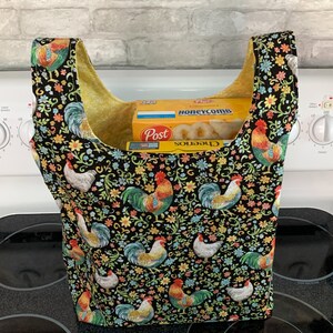 Roaming Floral Roosters, Reusable Bag, Reversible Grocery Bag, Fabric ...