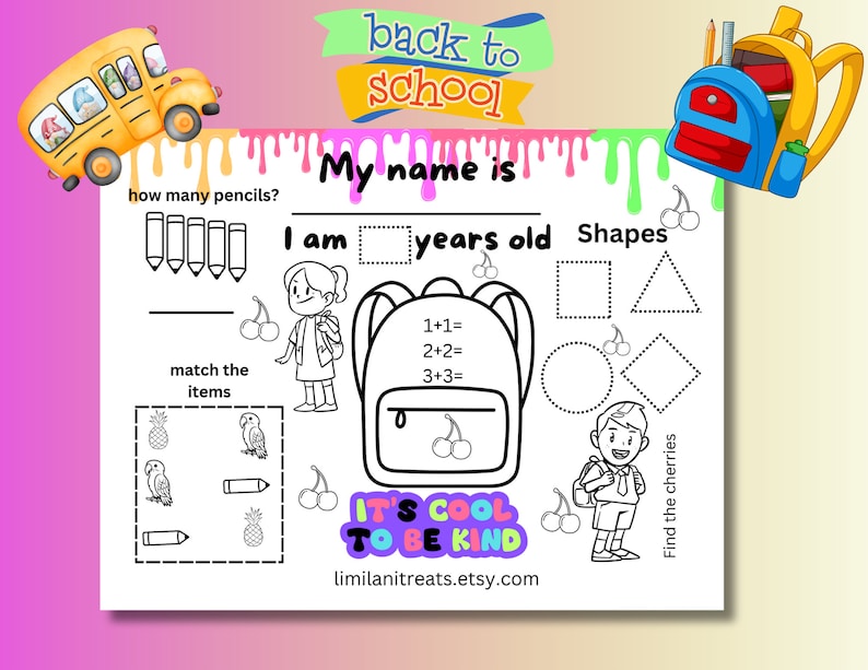 Back to School Activity Sheet-kids Coloring Placemat Editable Template ...