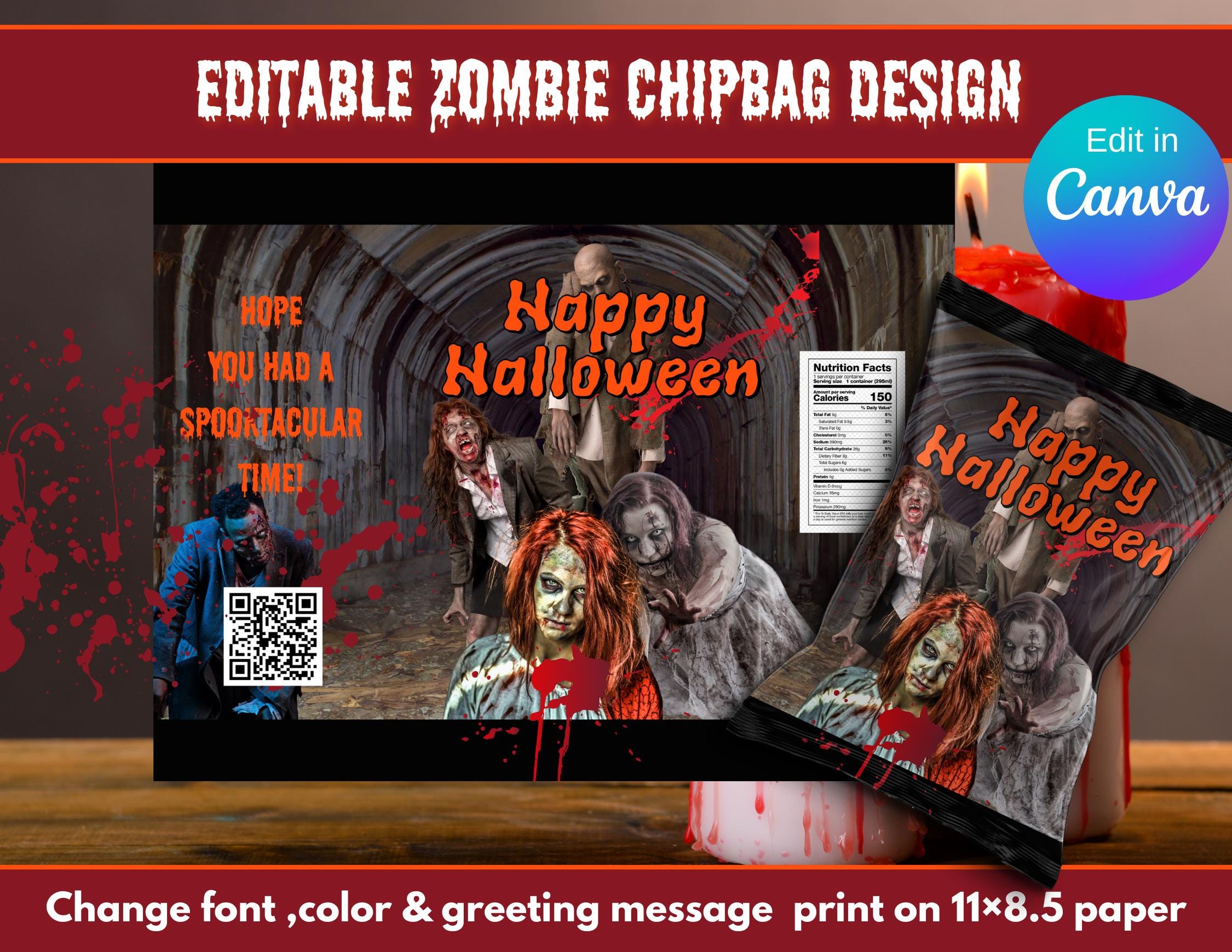 Editable Zombie Halloween Digital Bundle Template. Chipbag Water Bottle ...