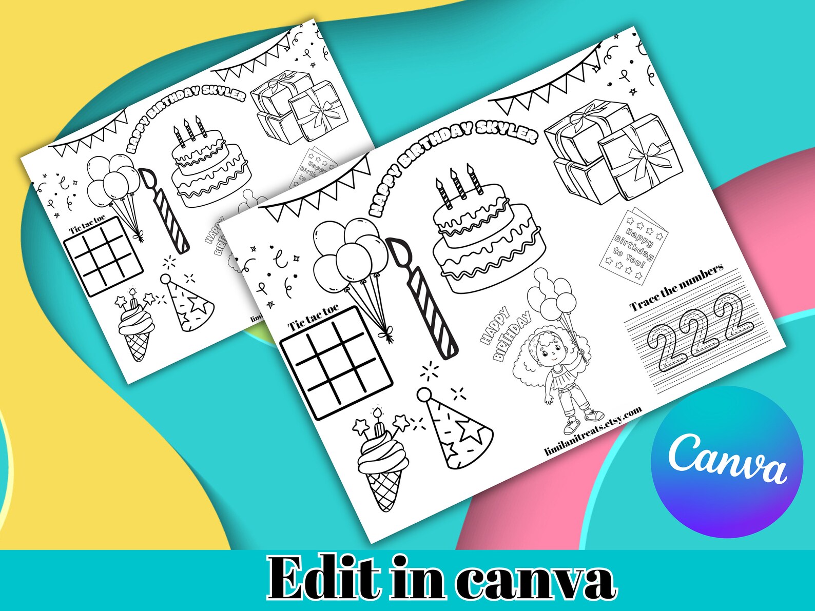 Happy Birthday Activity Sheet-kids Birthday Coloring Placemat- Editable ...