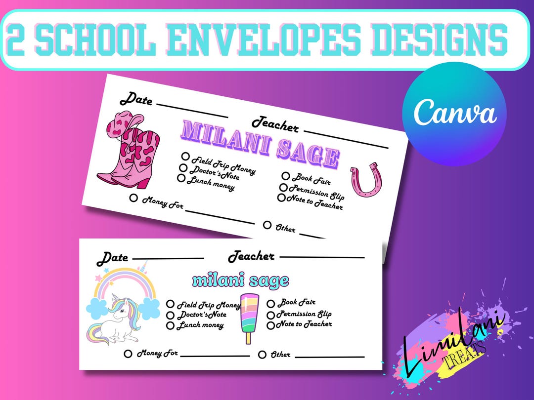 Custom School Money Envelopes, Unicorn + Cowgirl Design , Canva ...