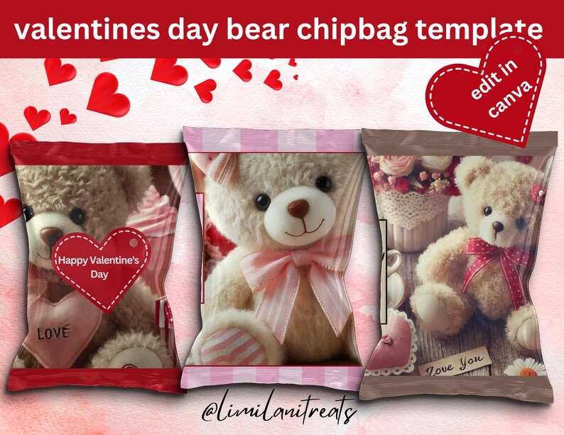Teddy Bear Valentine's Day Chip Bag Template (canva Editable) - Etsy