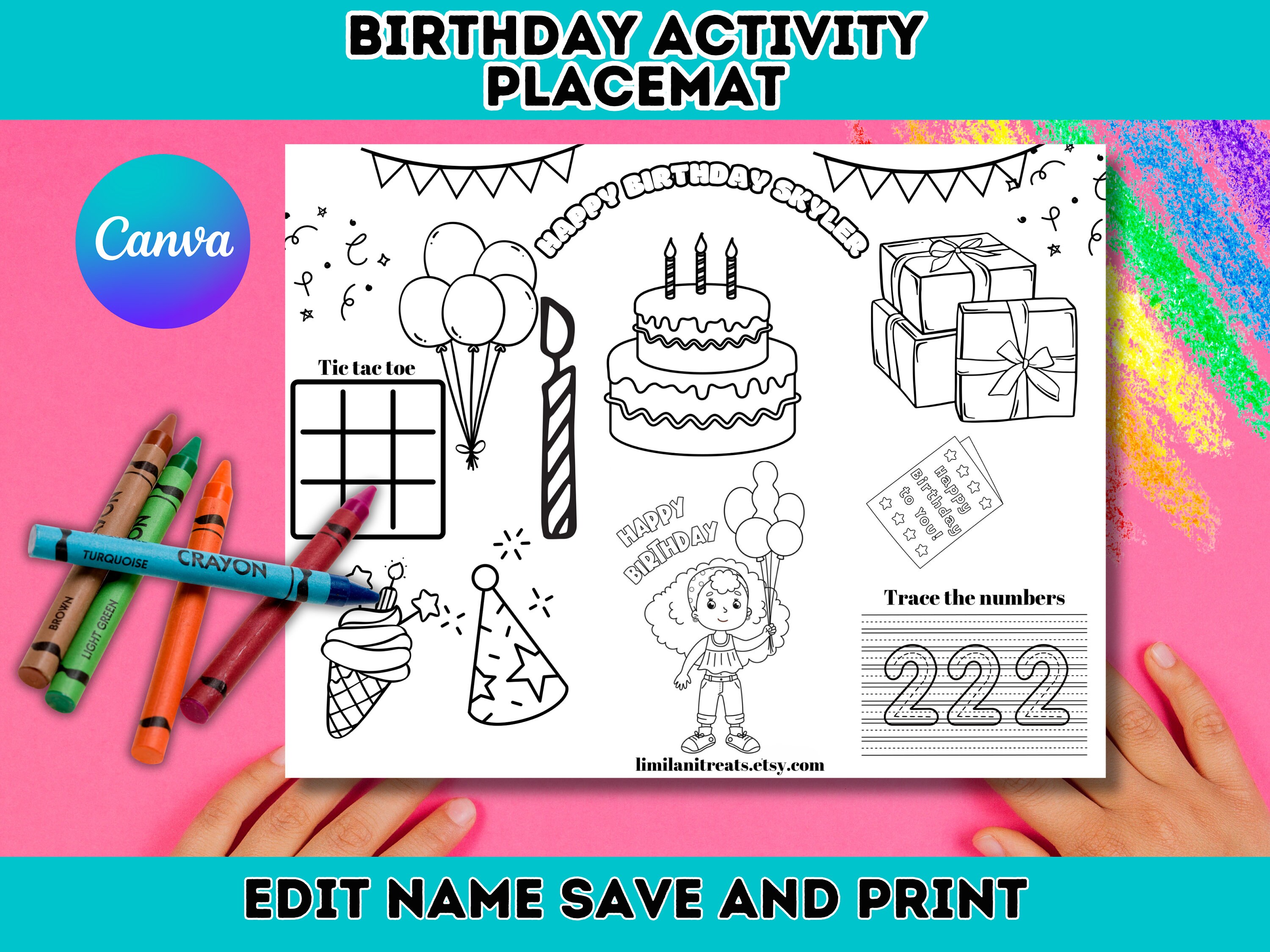 Happy Birthday Activity Sheet-kids Birthday Coloring Placemat Editable ...