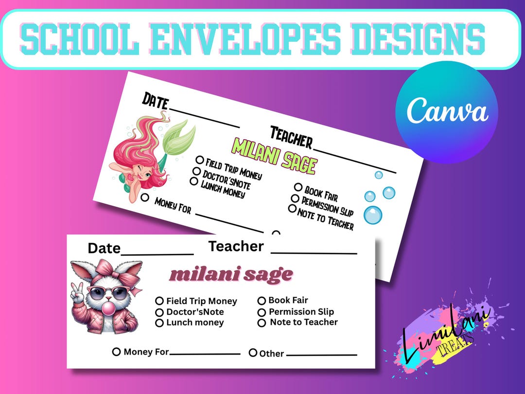 Mermaid & Bunny School Money Envelopes: Printable Canva Template ...