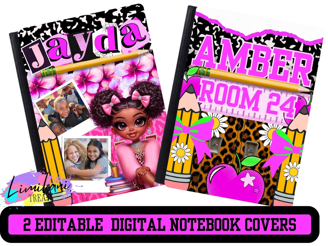 Girly Pink & Black Composition Notebook Cover Template (digital ...