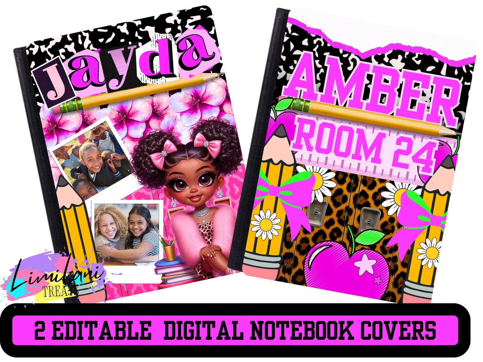 Girly Pink & Black Composition Notebook Cover Template (digital ...