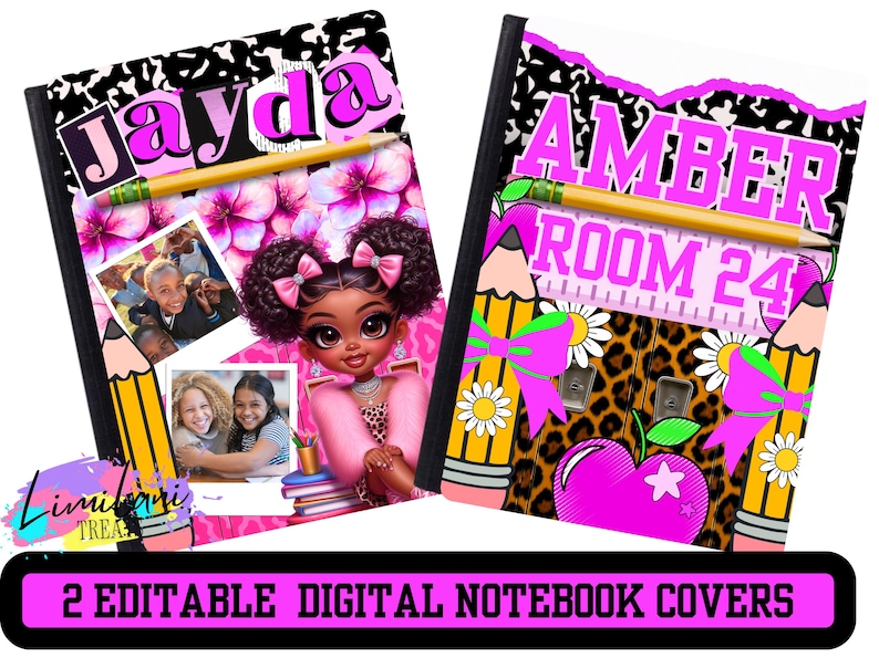 Girly Pink & Black Composition Notebook Cover Template (digital ...