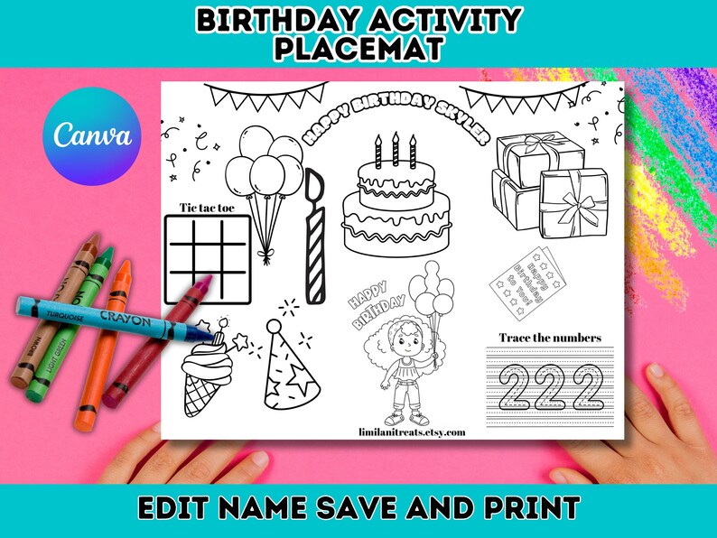 Happy Birthday Activity Sheet-kids Birthday Coloring Placemat- Editable ...