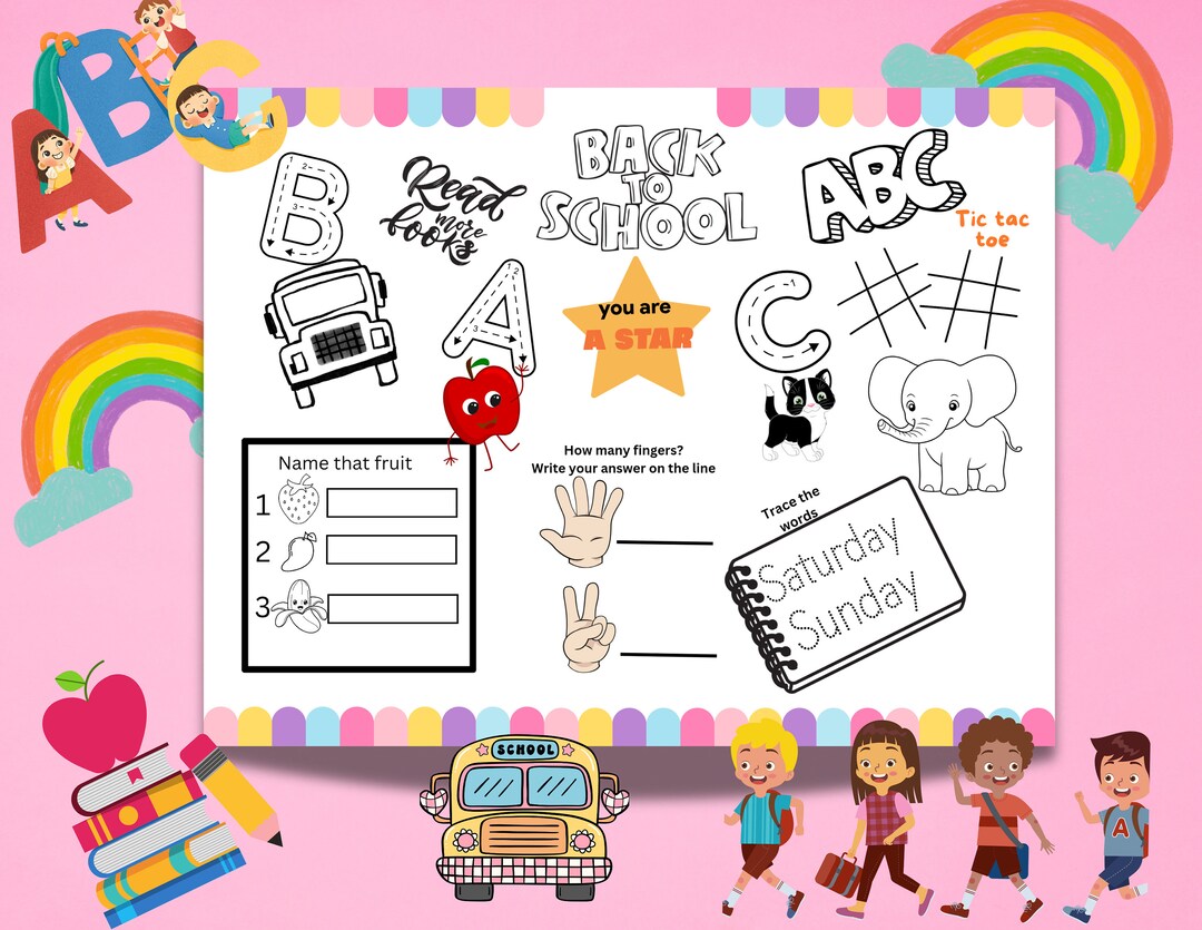 Back to School Activity Sheet-kids Coloring Placemat- Editable Template ...