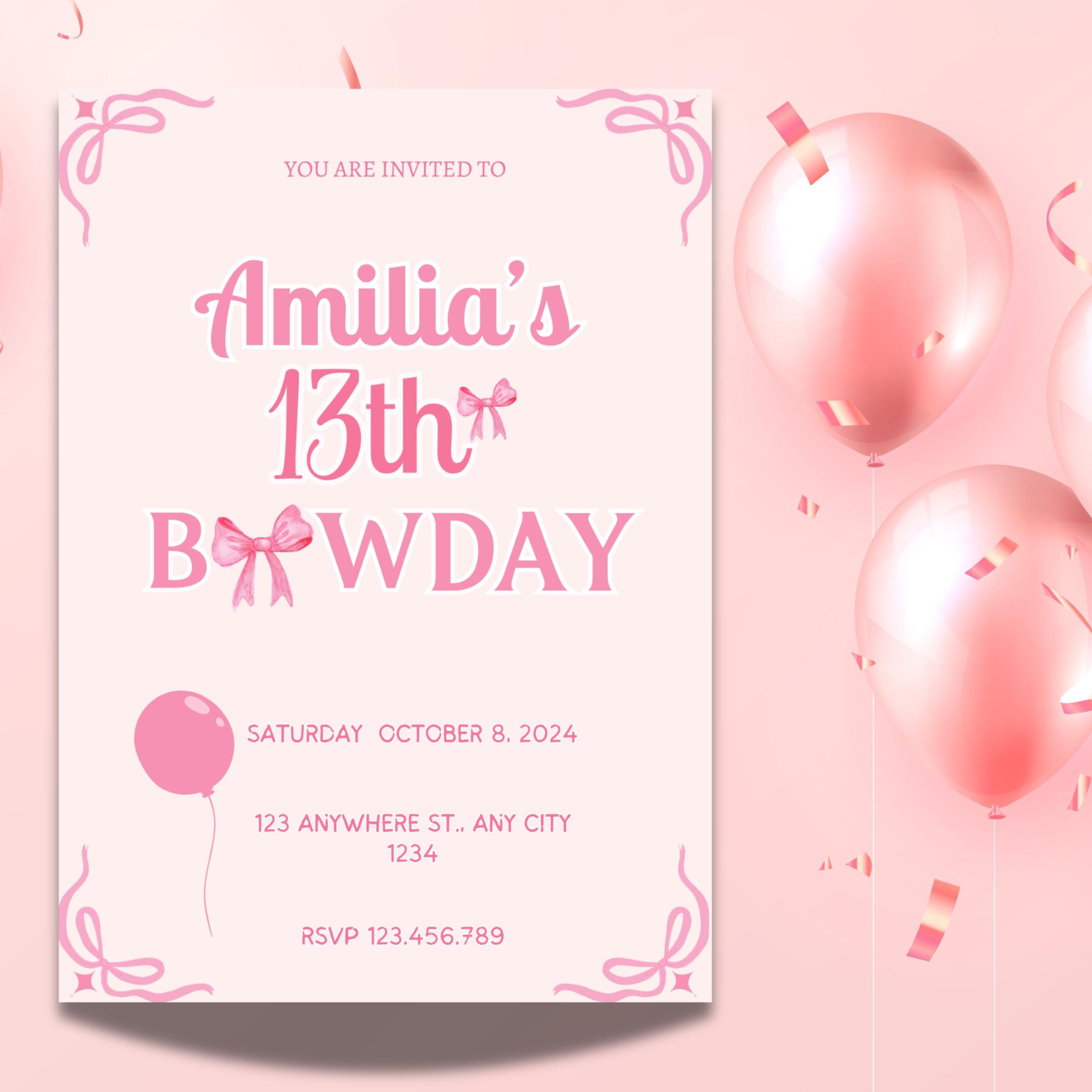 Coquette Bow Birthday Invitation, Editable Digital Invite for Girls ...