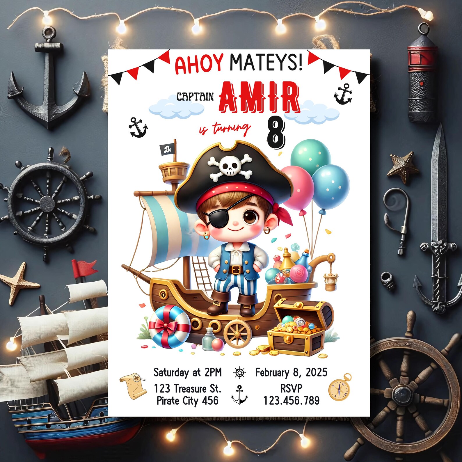 Editable Pirate Birthday Invitation, Pirate Themed Party Invitation ...
