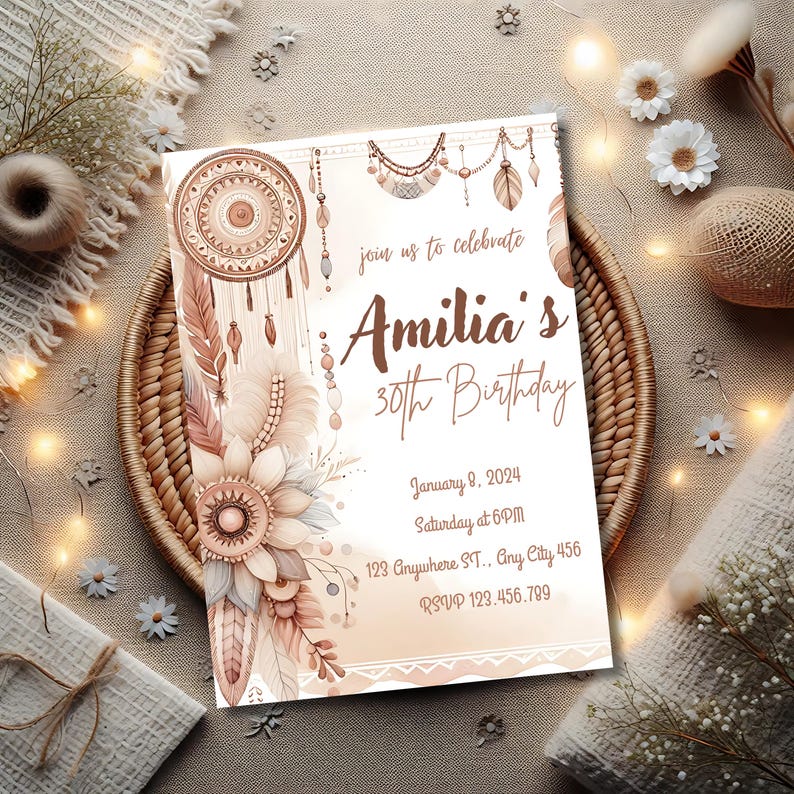 Bohemian Theme Party Invitation, Canva Editable Template, Boho Theme ...