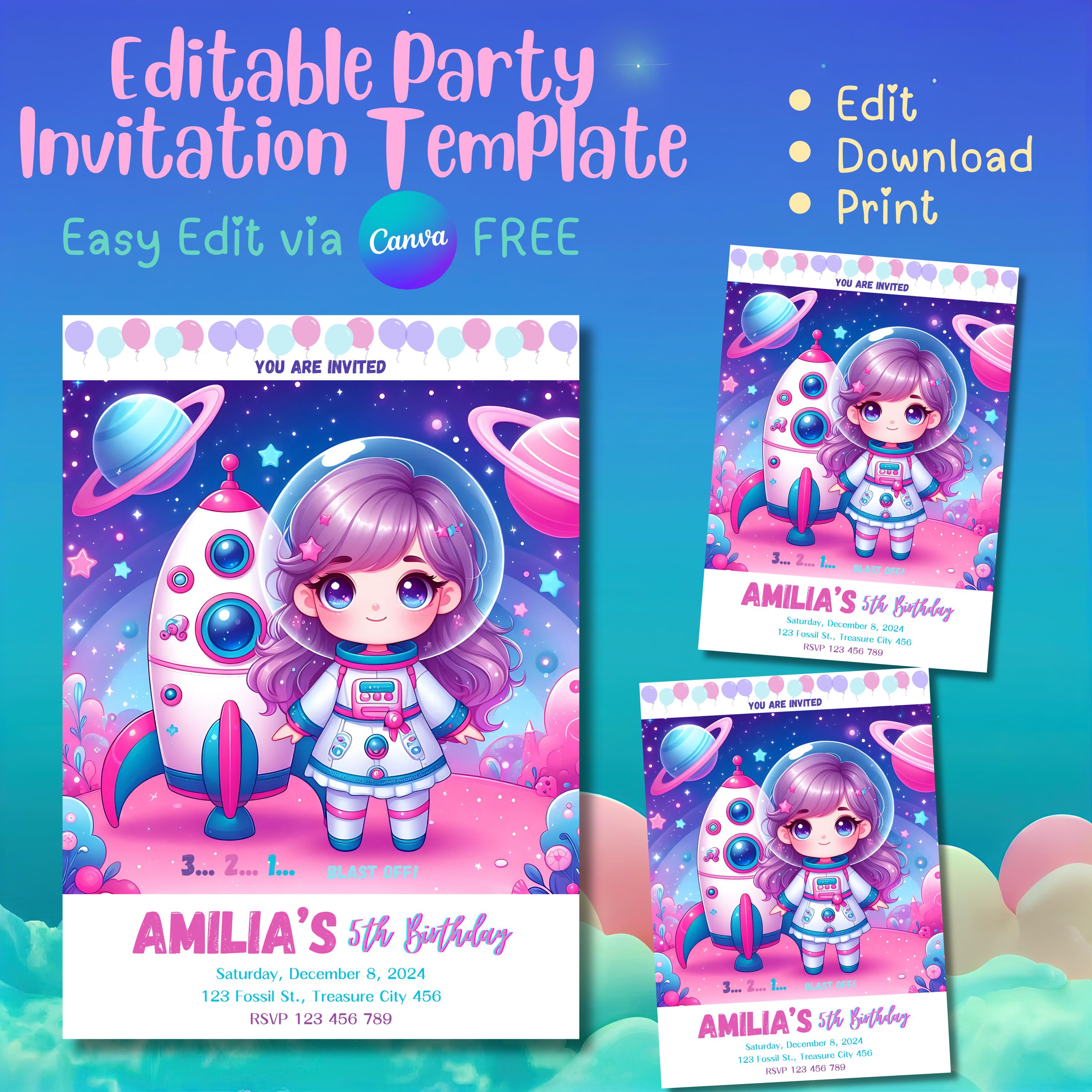 Outer Space Birthday Invitation, Space Girl Invite, Rocket Invitation ...